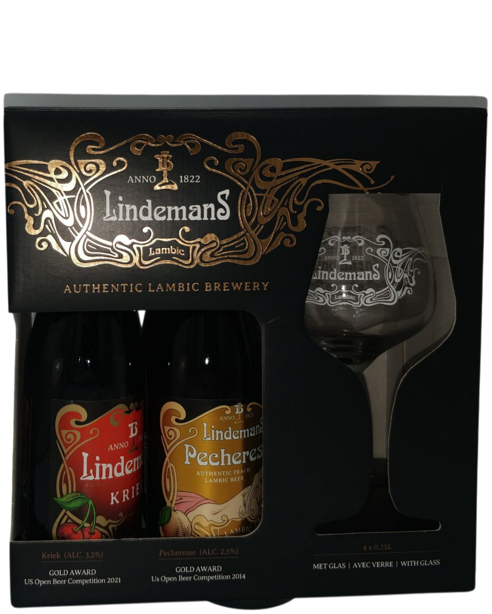 Lindemans Lambic Gaveæske 4x25cl + Glas – Brygshoppen.dk